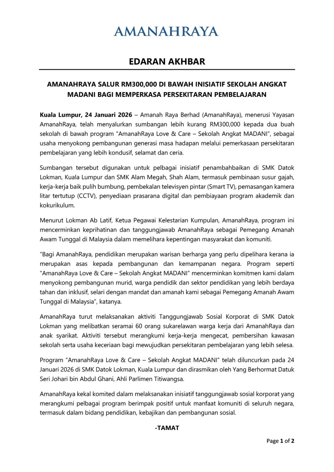 Amanahraya Salur RM300,000 Di Bawah Inisiatif Sekolah Angkat Madani ...